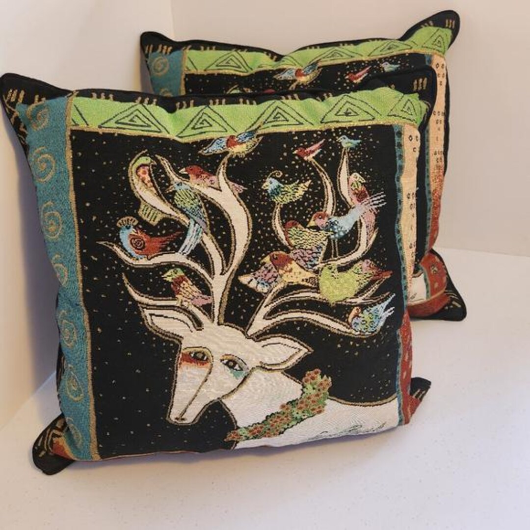 Laurel Burch Deer Reindeer Birds Tapestry Throw Pillow Pillows Lot of 2 ...