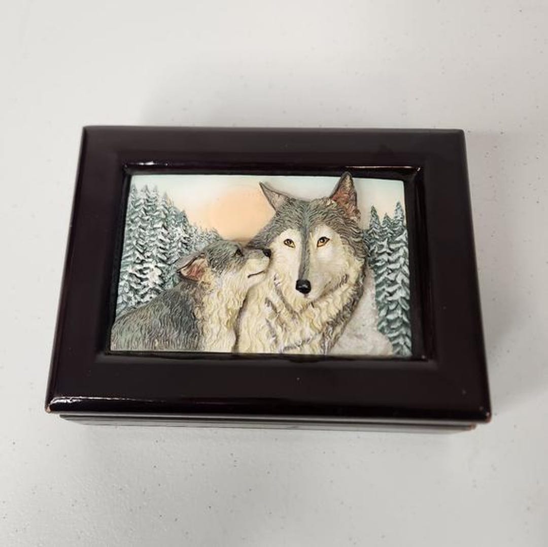 Vintage Mother Baby Wolves Gray Wolf Relief Wood Trinket Jewlery Box ...