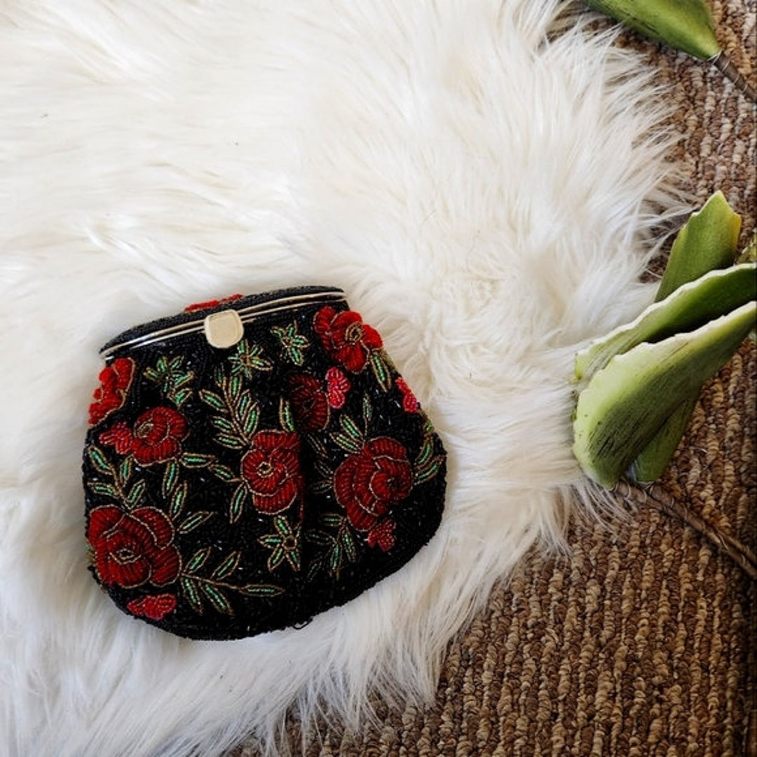 Vintage Beaded Black Red Floral Roses Handbag Evening Clutch - Etsy