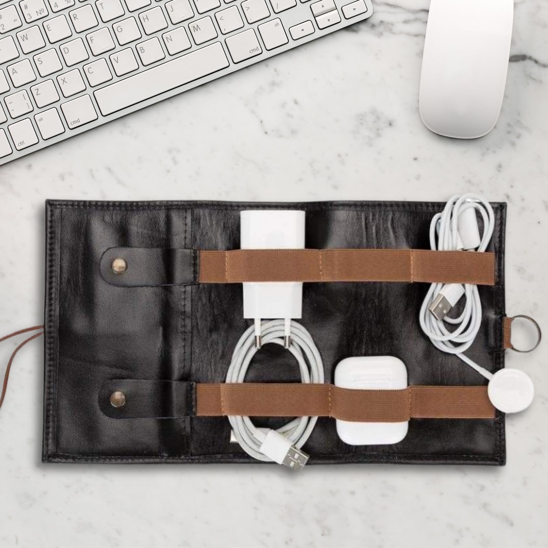 Customizable Leather Folded Cable Organizer Bag Cables Adapters ...