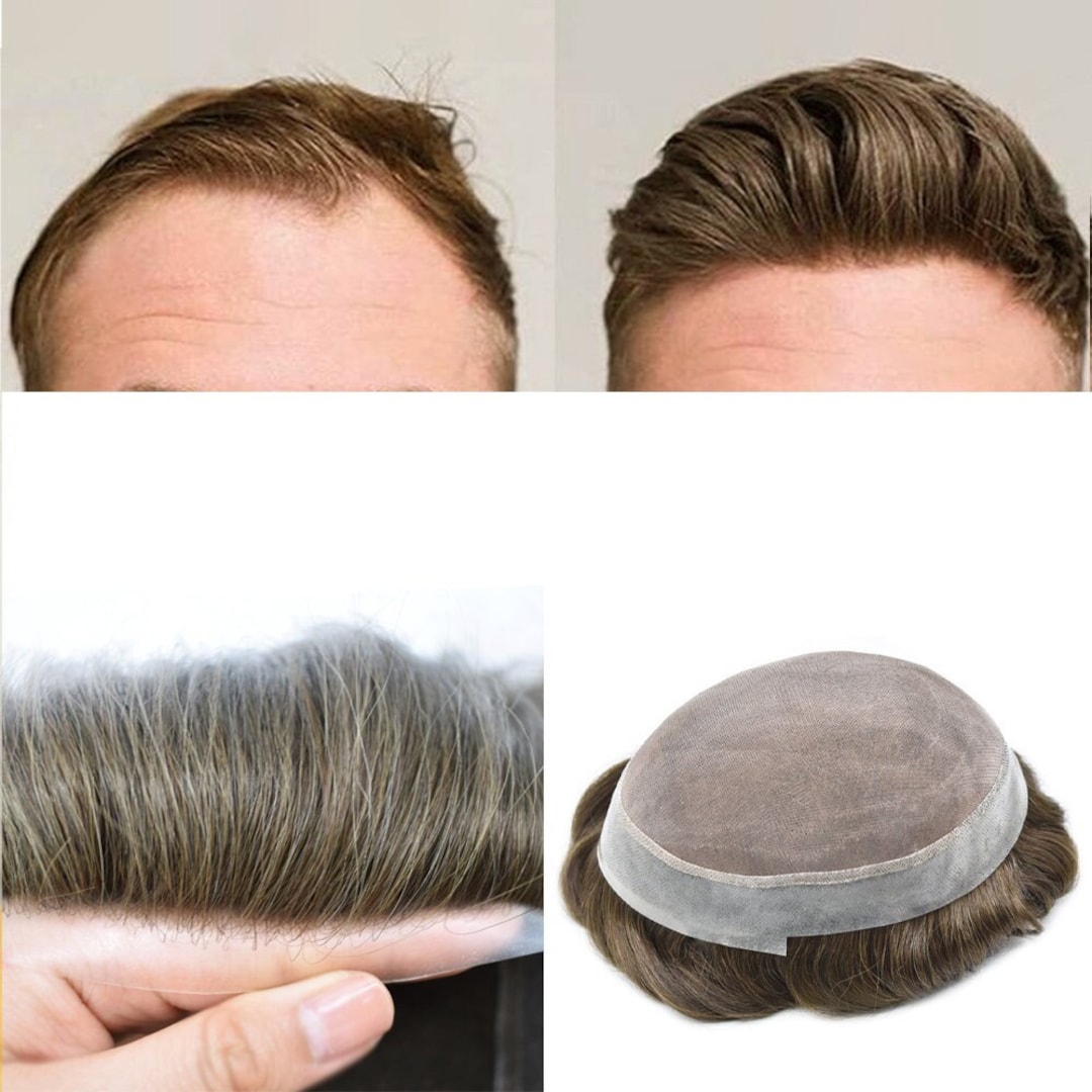 E-wigs Fine Mono Human Hair Mens Toupee Poly Around the Perimeter ...