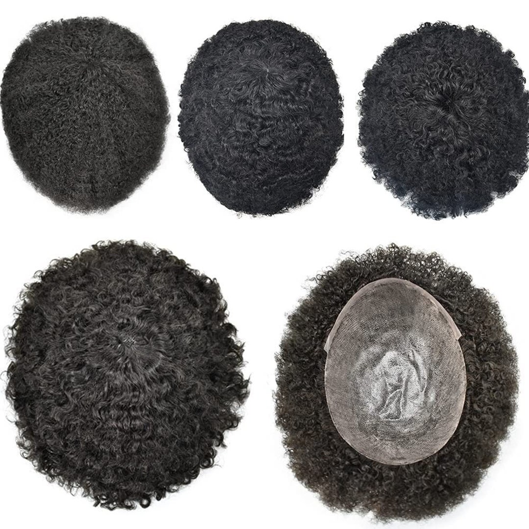 E-wigs Afro Curl Mens Toupee Full Poly Skin PU 100% Human Hair System ...