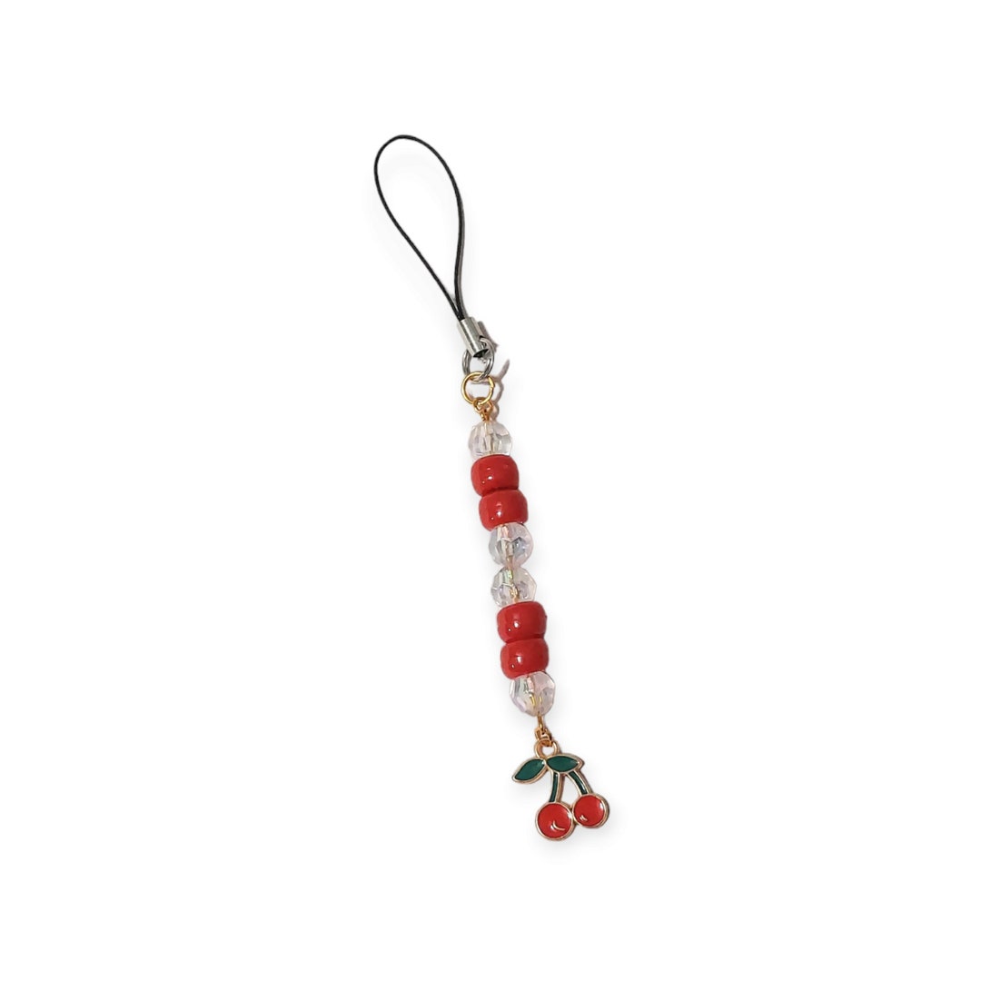 Red and Clear Beaded Cherry Phone Charm | Keychain | Purse Charm ...