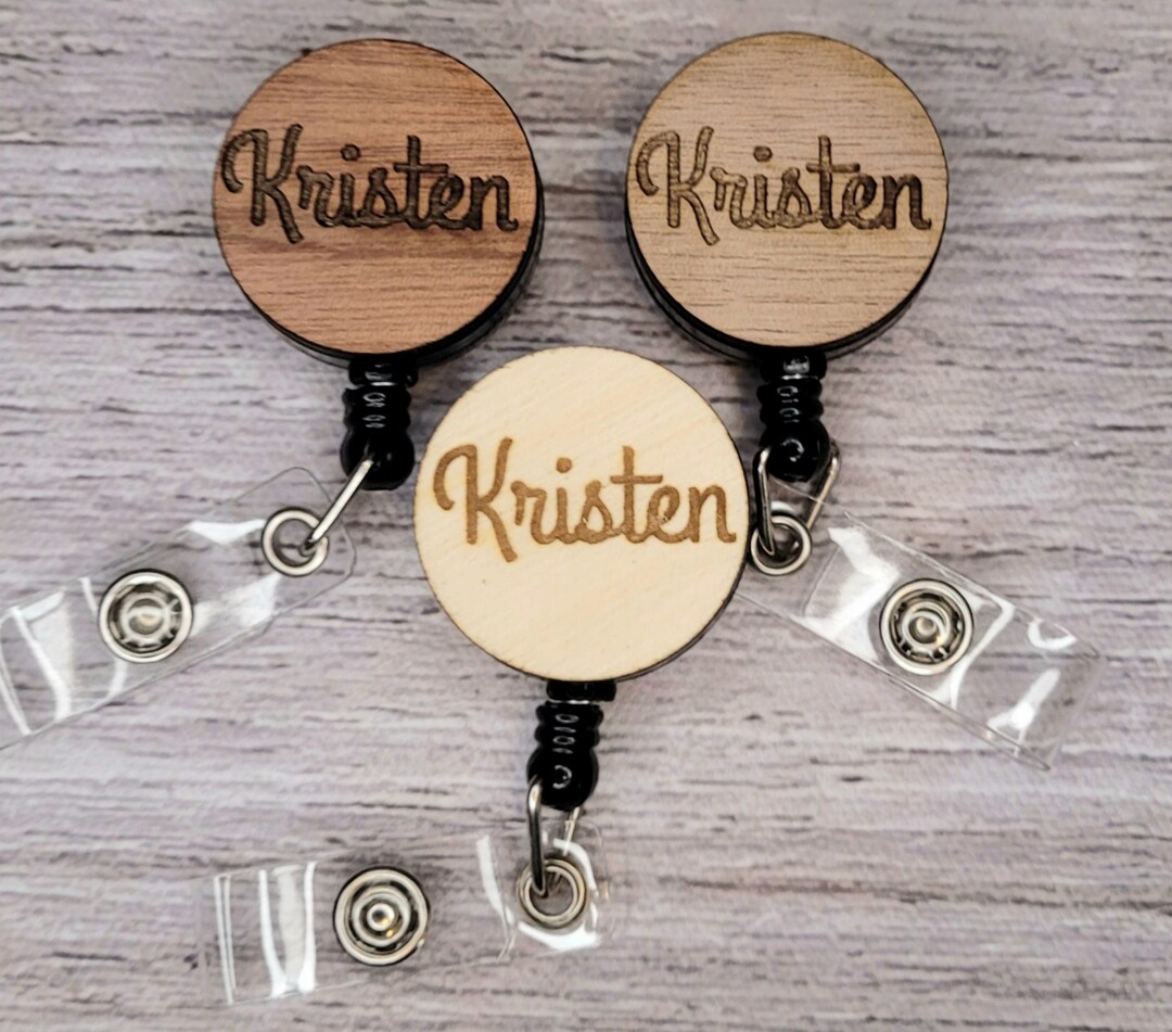 Name Badge Reel. Custom Wood Engraved Retractable Badge Reel. - Etsy