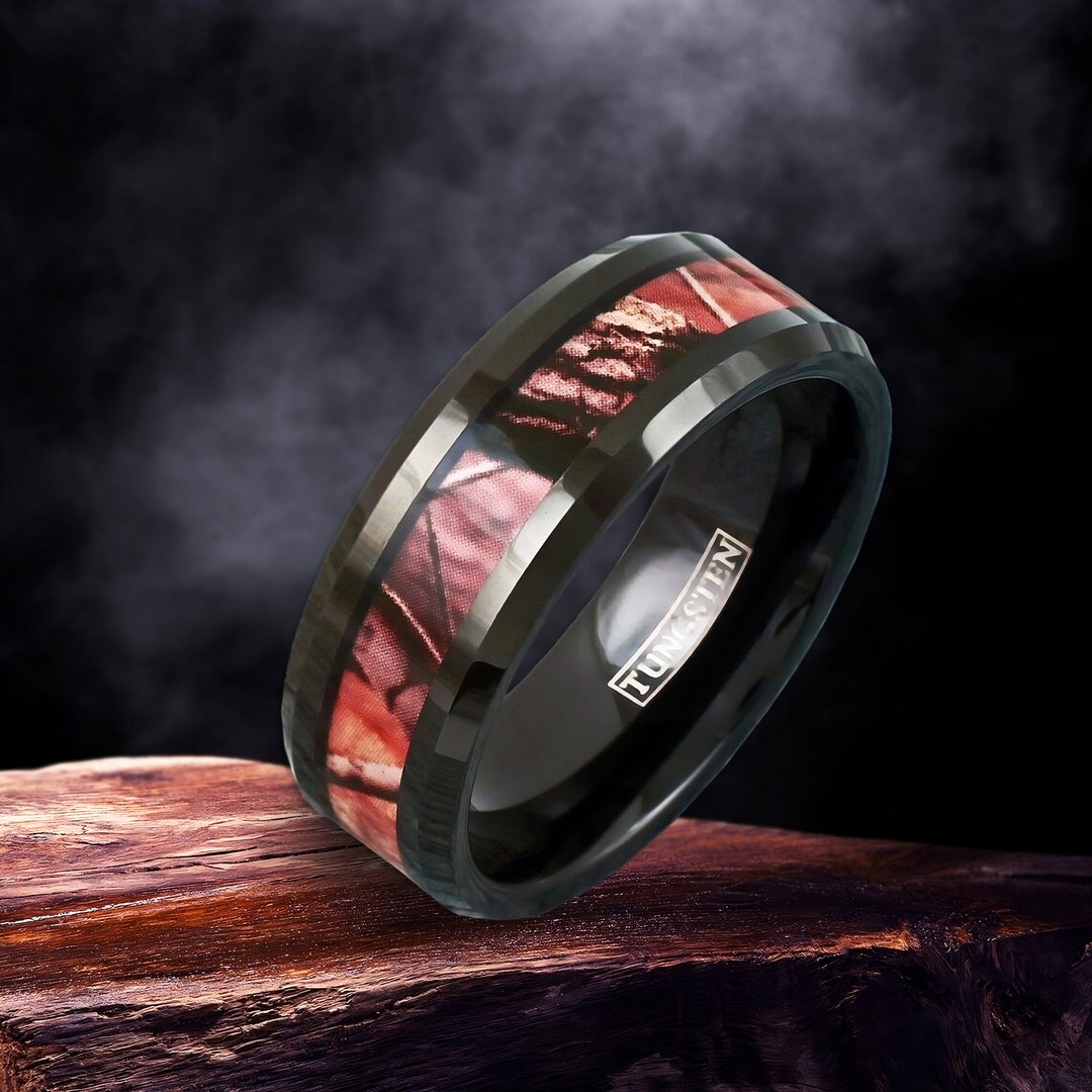 Personalized 8MM Red Forest Camouflage Hunting Ring, Mens Black ...