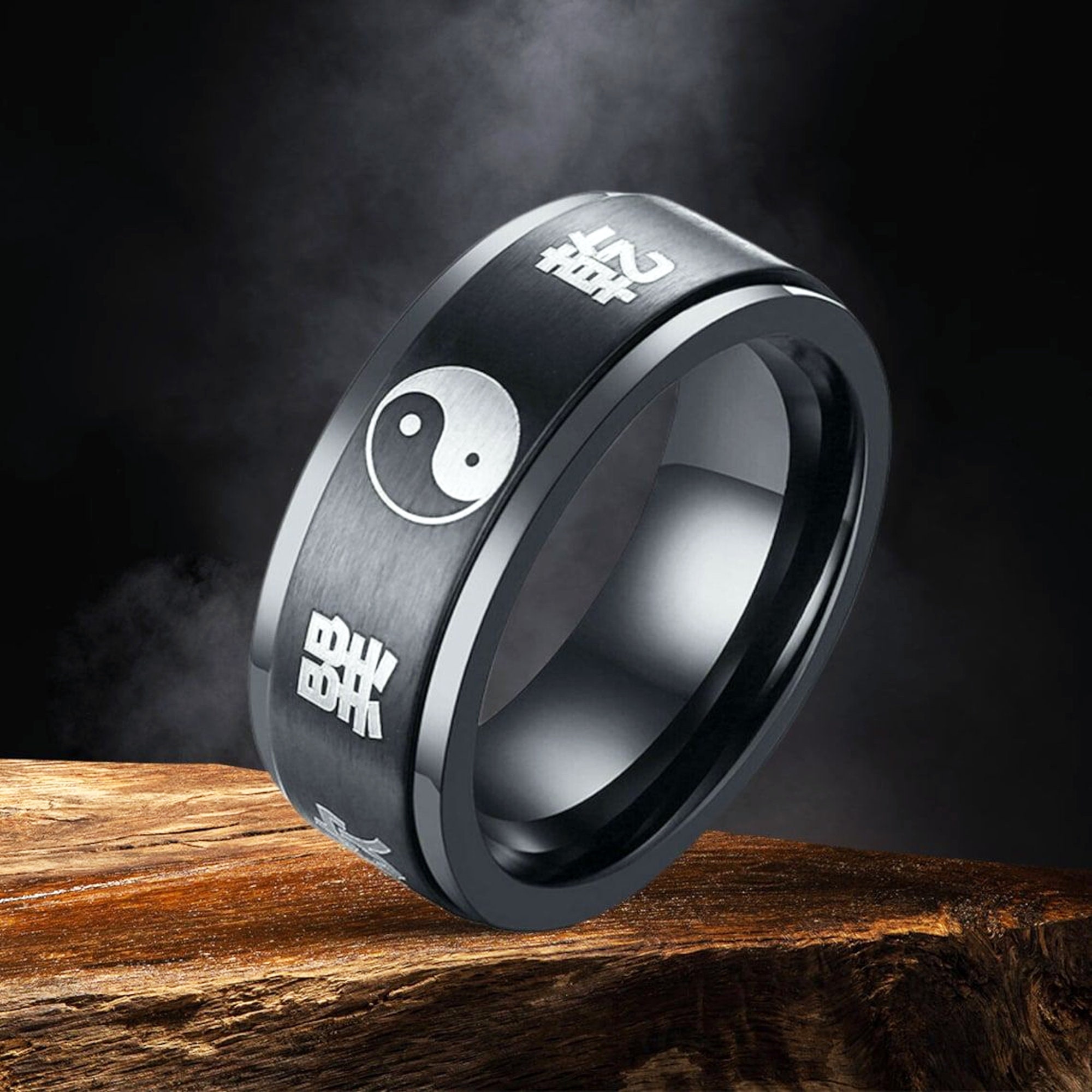 Black Brushed Yin and Yang Taiji Ring, Unique Stainless Steel Spinner ...