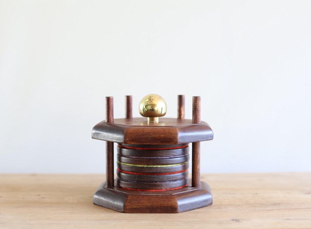 Vintage Wooden Coaster Set / 6 Coasters Set / MCM Decor / Gold and Wood ...
