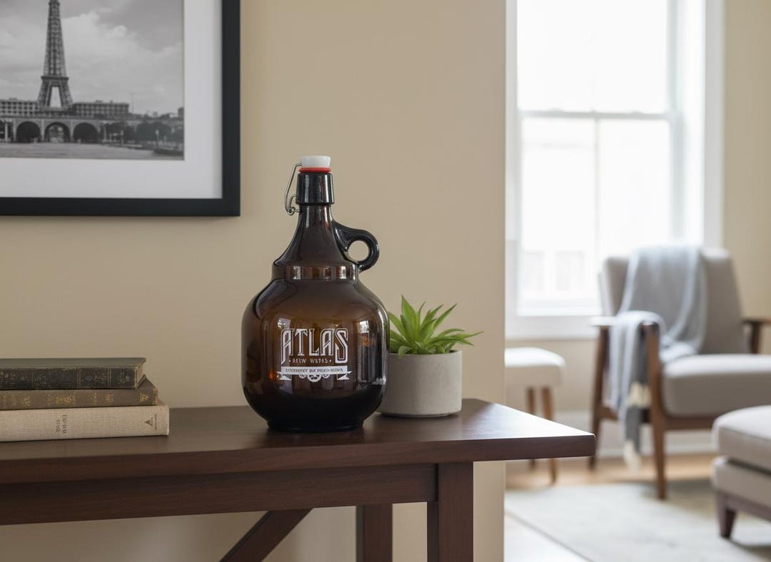 Atlas Brew Works Glass Growler Bottle / Vintage 64 Oz Beer Bottle ...
