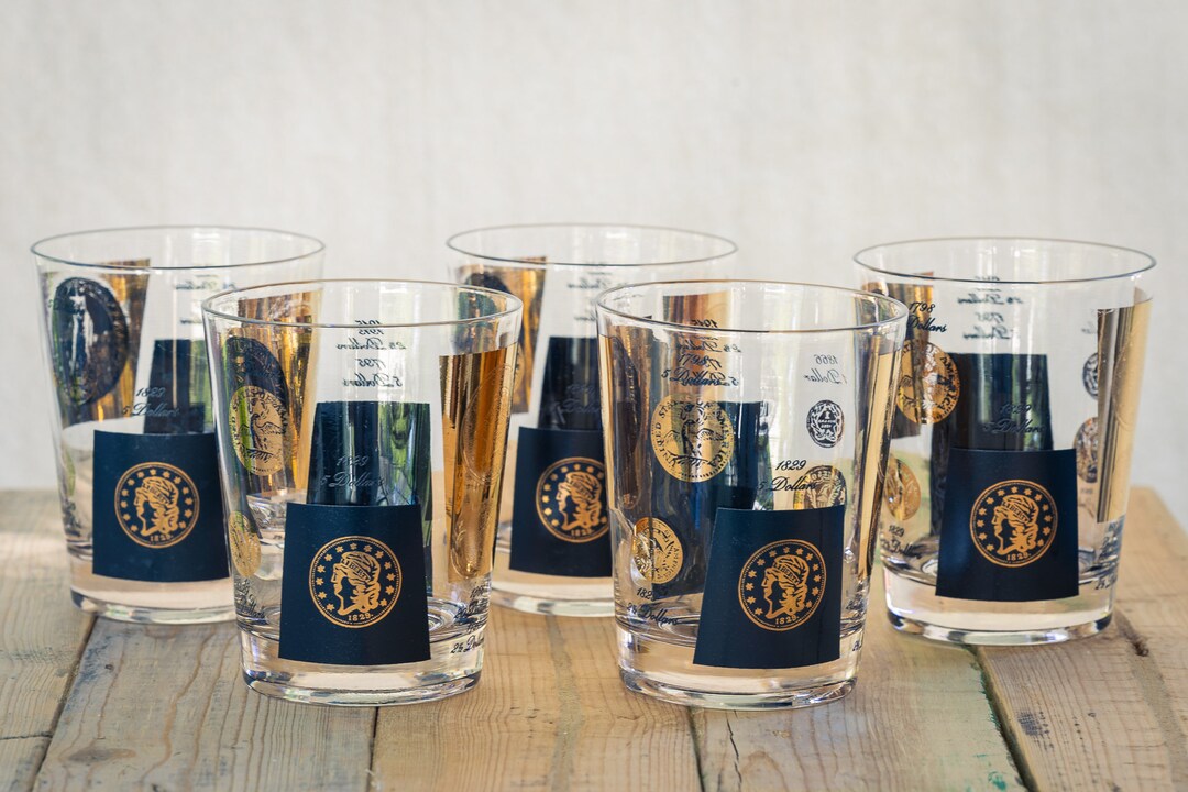 Cera Gold Coin Glass Set Black 22K Glassware, Barware Low Tumbler MCM ...