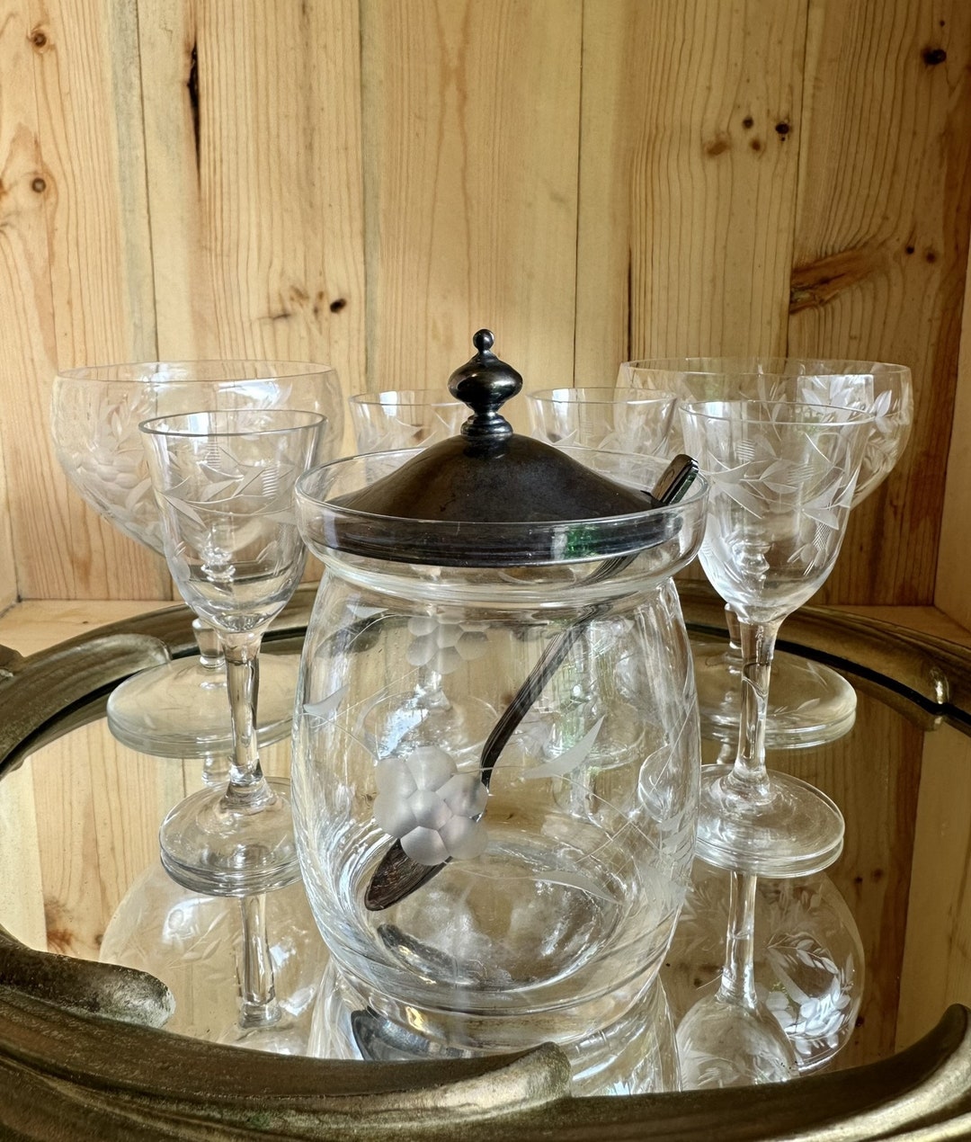 Cornflower Etched Crystal Glass Set Low Sherbet Glasses Cordial Glasses ...