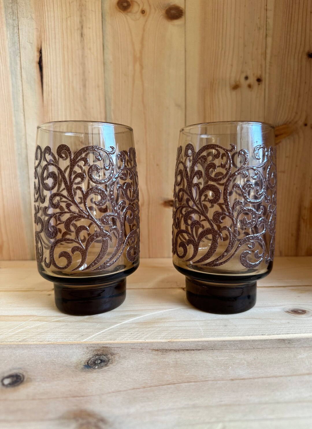 Libbey Prado Smoked Glass Swirl Filigree Tumblers Set of 2 Stackable ...