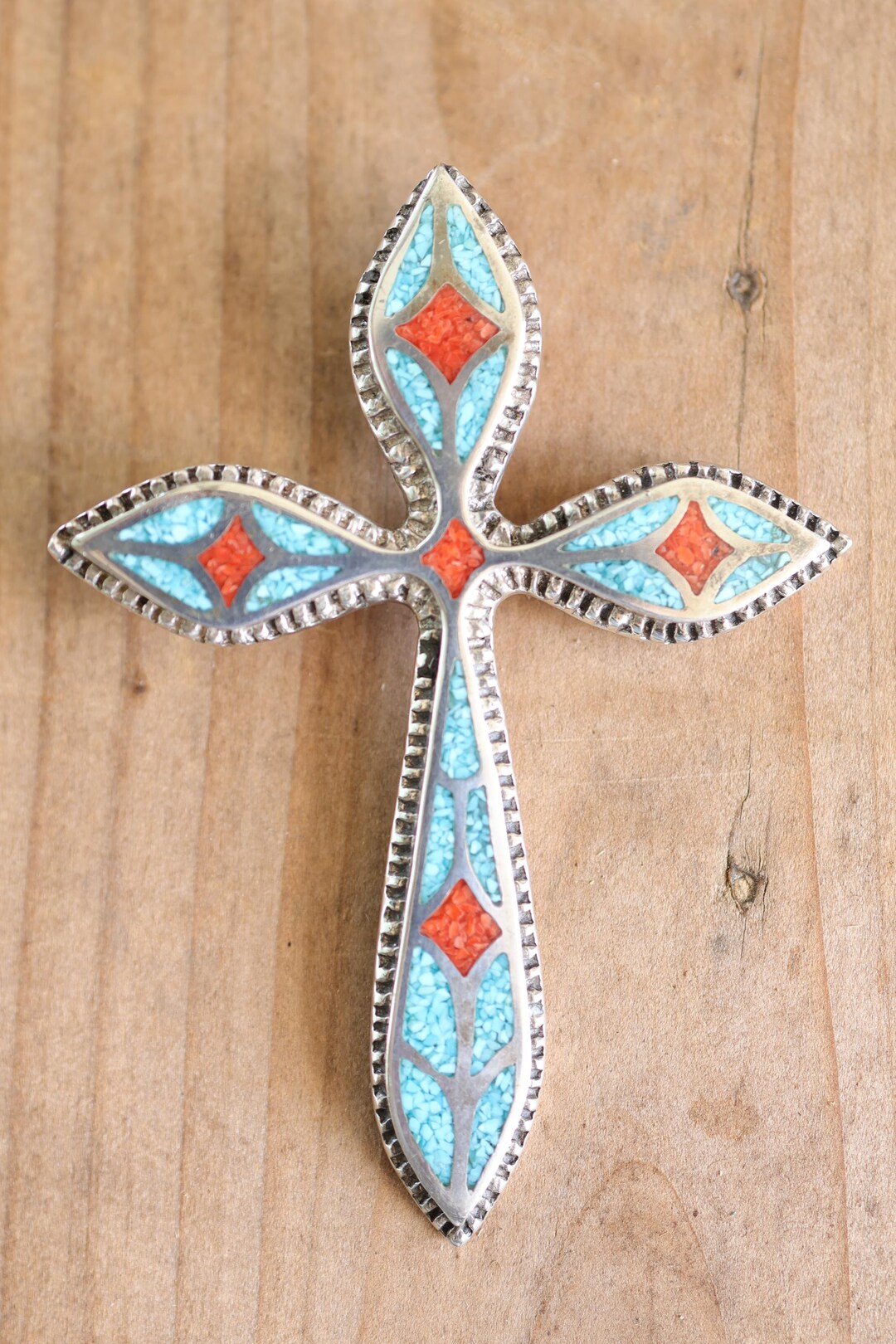 Vintage Navajo Sterling Silver Turquoise Coral Inlaid Cross Pendant - Etsy