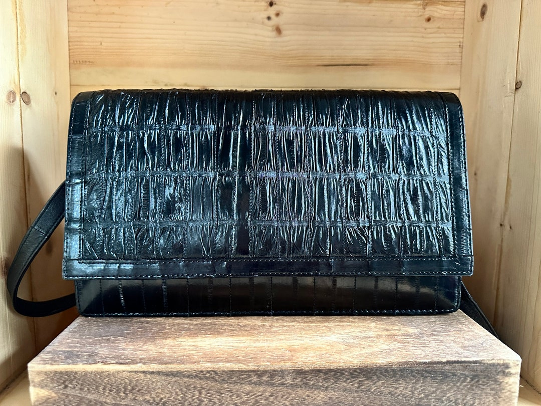 Ruched Eel Skin Purse, 1970's Multi Pocket Purse, Evening Handbag ...