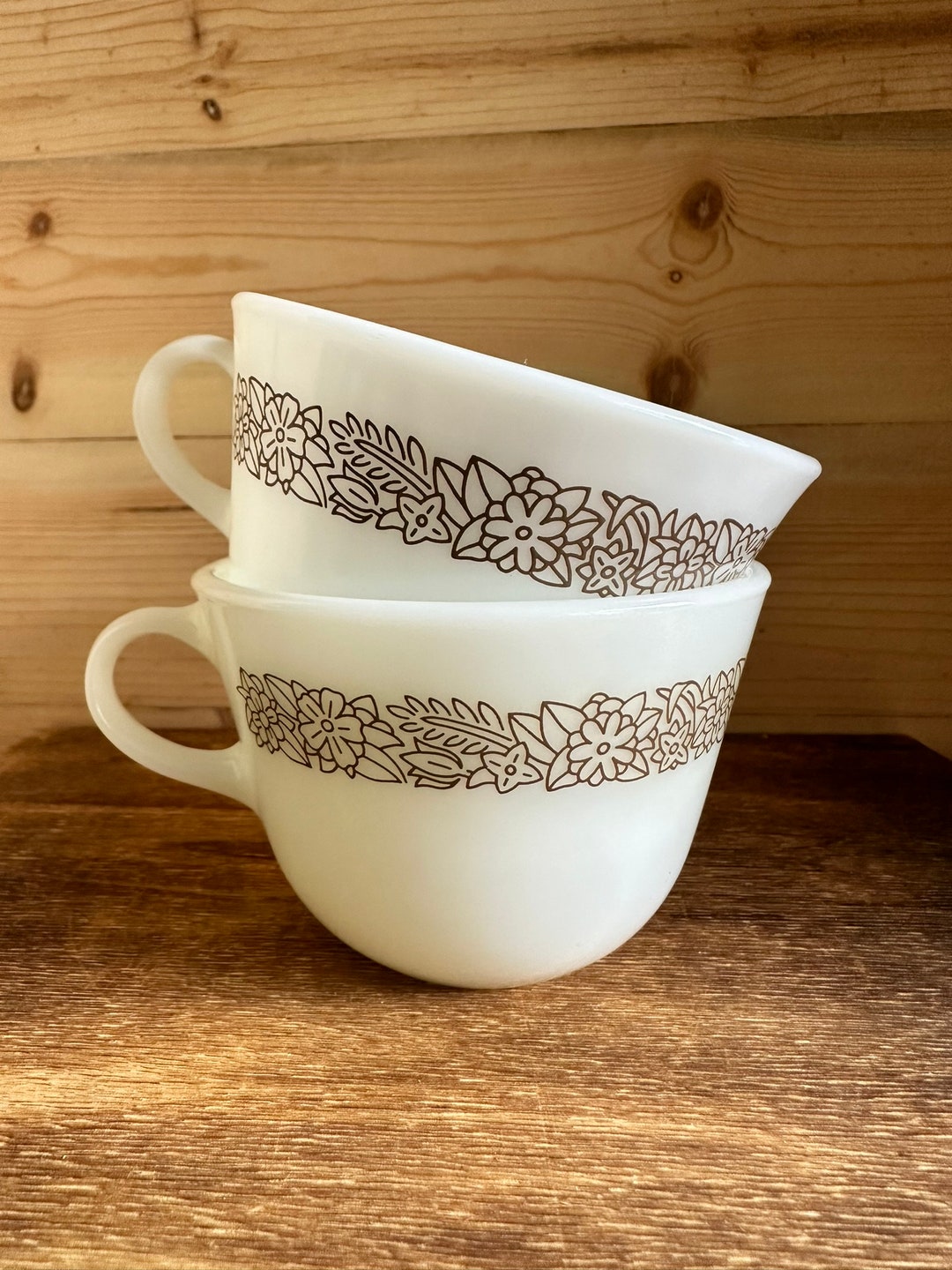 Pyrex Milk Glass Woodland Brown Floral Pattern Coffee Cup Mug Vintage ...