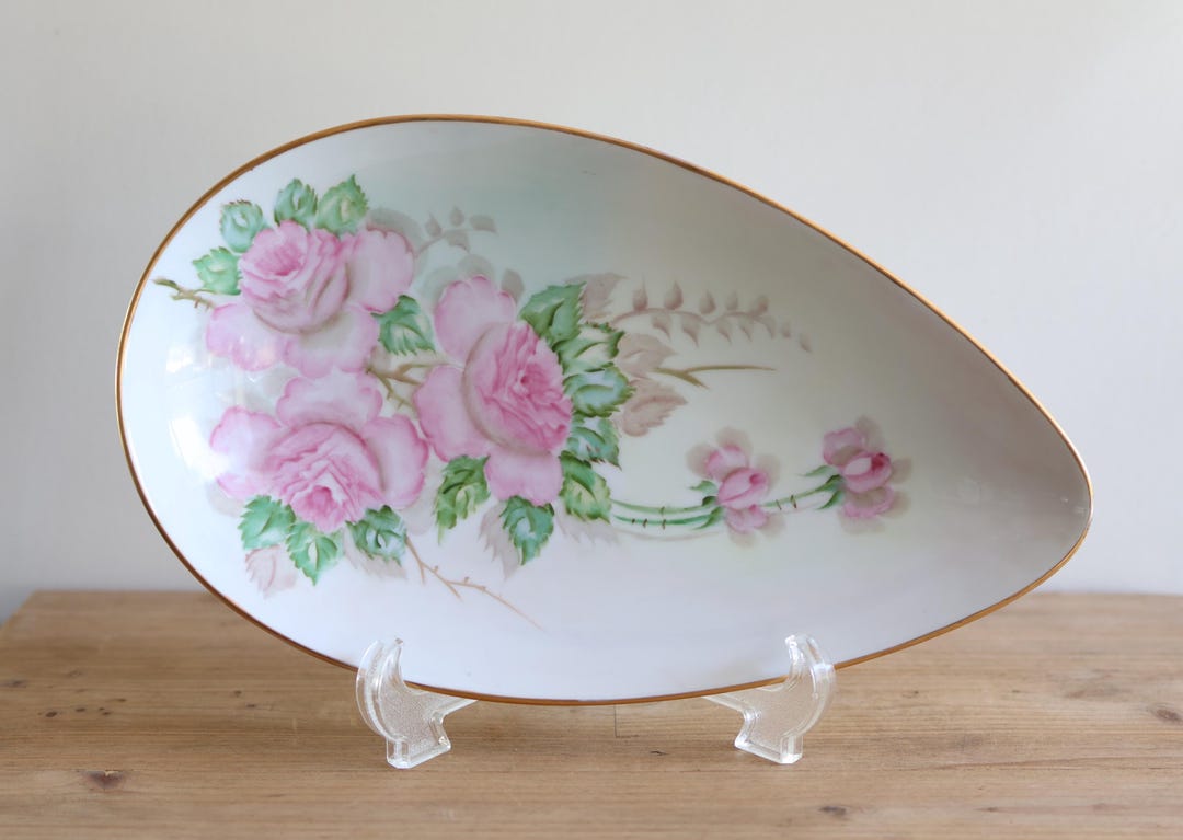 Rare Egg Shaped Rose Pattern Porcelain Serving Bowl / Vintage / Gold ...