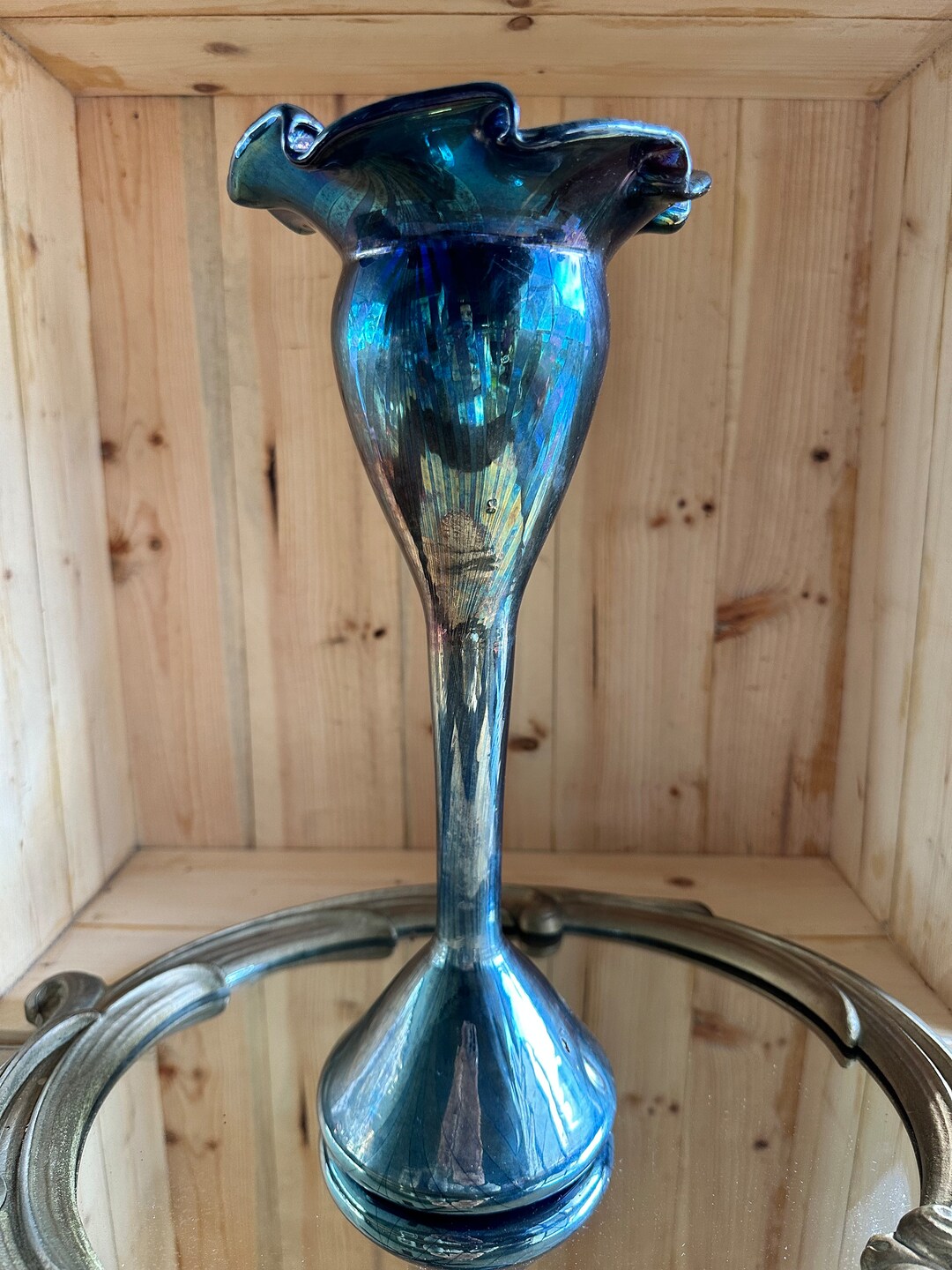 Tulip Shape Vase Studio Art Glass Deep Blue Iridescent Pulled Feather ...