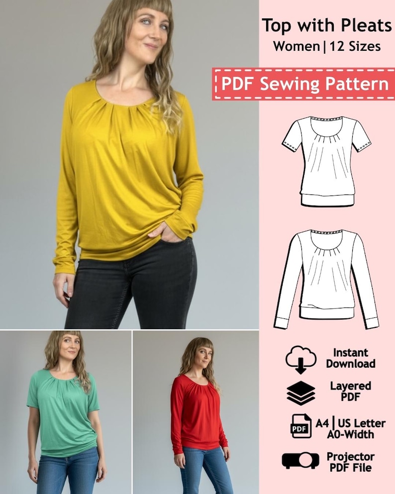 Women Top With Pleats PDF Sewing Pattern, T-shirt Pattern, Longsleeve ...