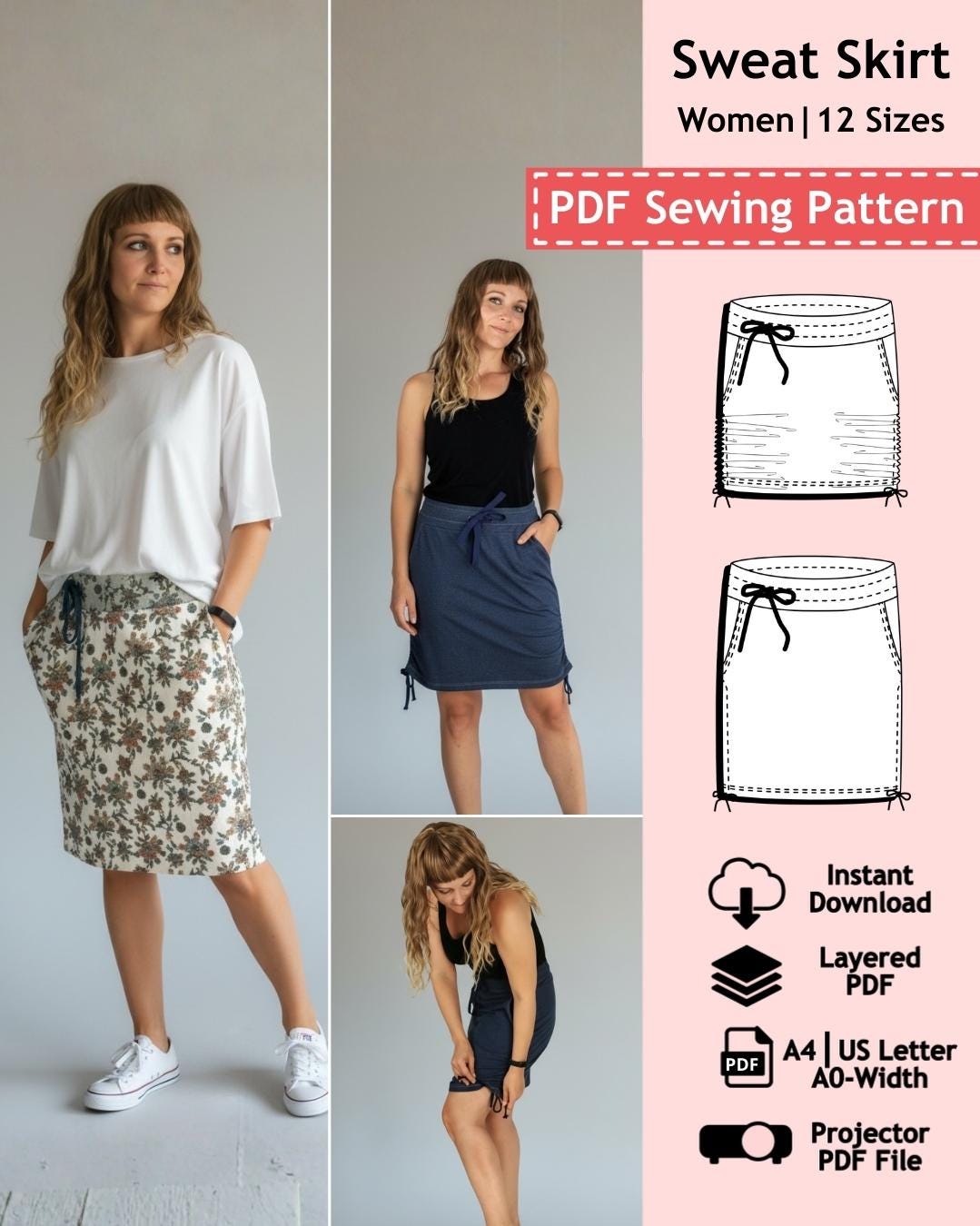 Women Skirt PDF Sewing Pattern, Sweat Skirt Pattern, Sweatskirt Pattern ...