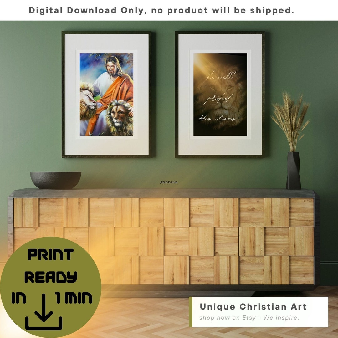 Jesus With Two Lions, Biblical Art, Unique Christian Art, Unique ...