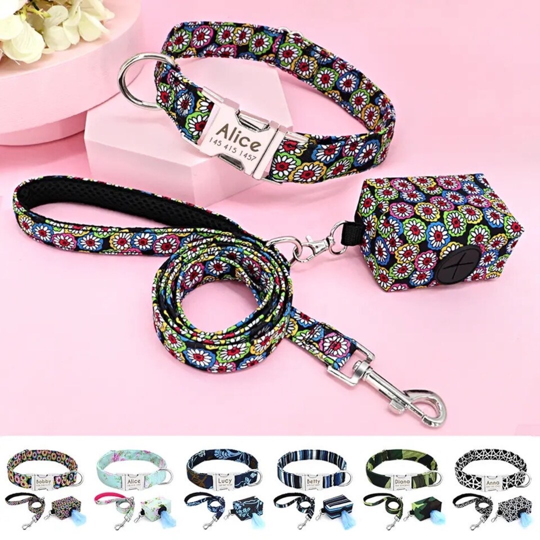 Personalized Dog Collar Leash Set | Custom Name Number Waste Bag ...