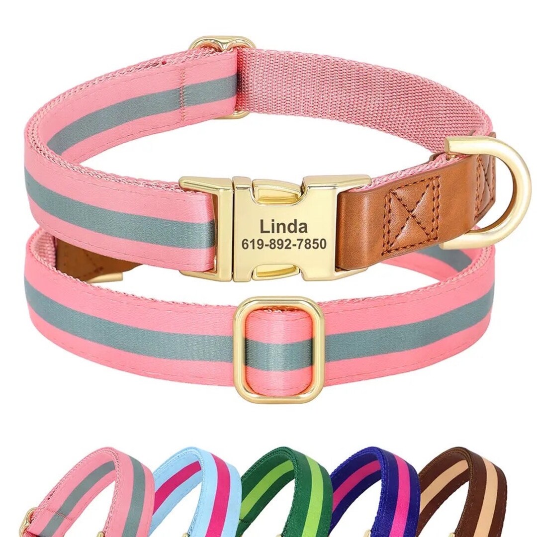 Personalized Engraved Striped Pet Collar | Custom Name Dog Collar ID ...