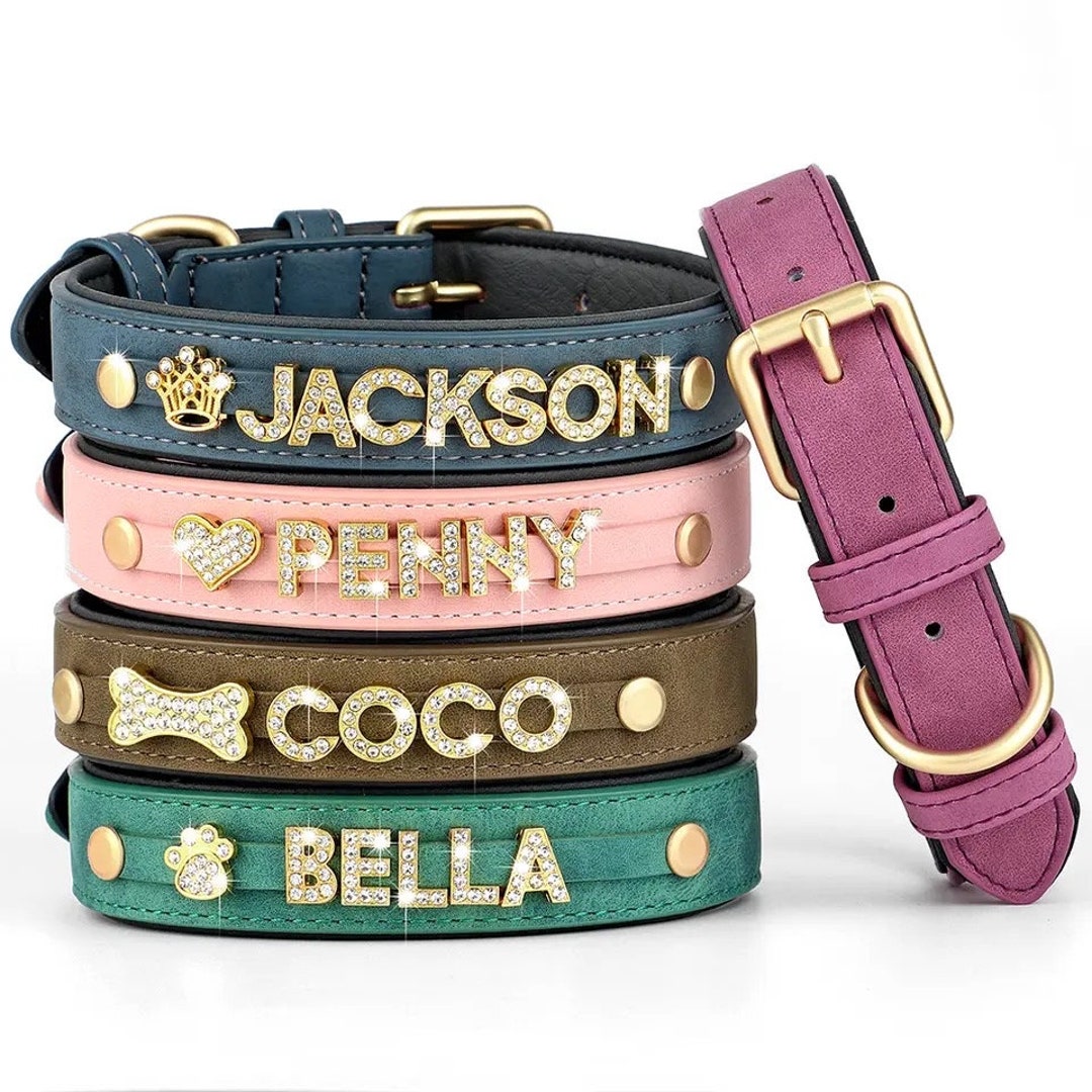 Personalized Leather Crystal Dog ID Collar | Custom Name Pet Collar - Etsy