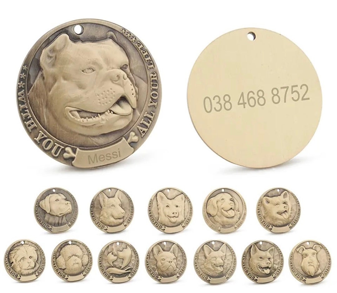 Personalized Brass Dog ID Tag | Custom Pet Name & Number - Etsy