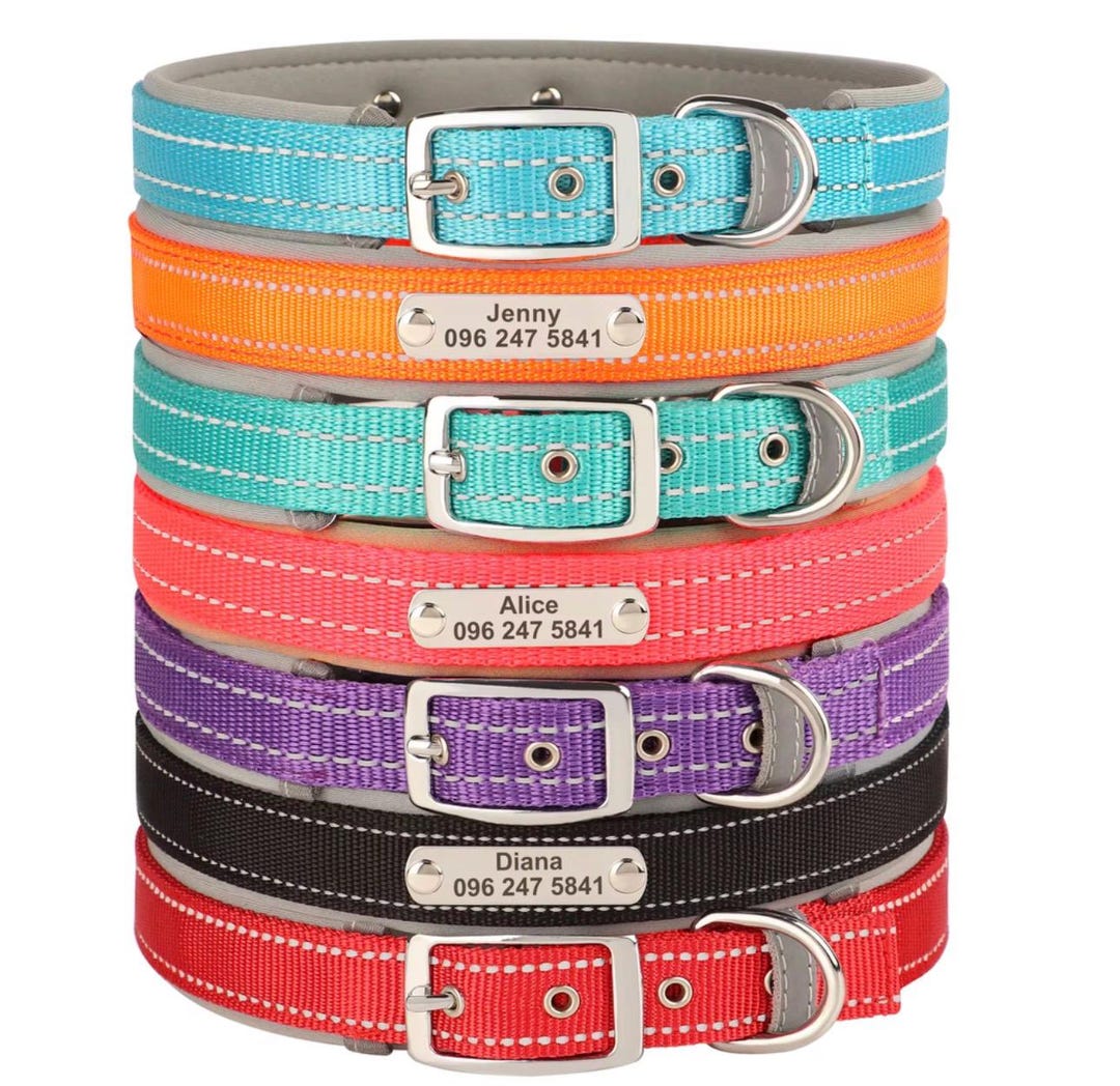 Personalized Engraved Reflective Dog Collar | Custom Name Number Plated ...