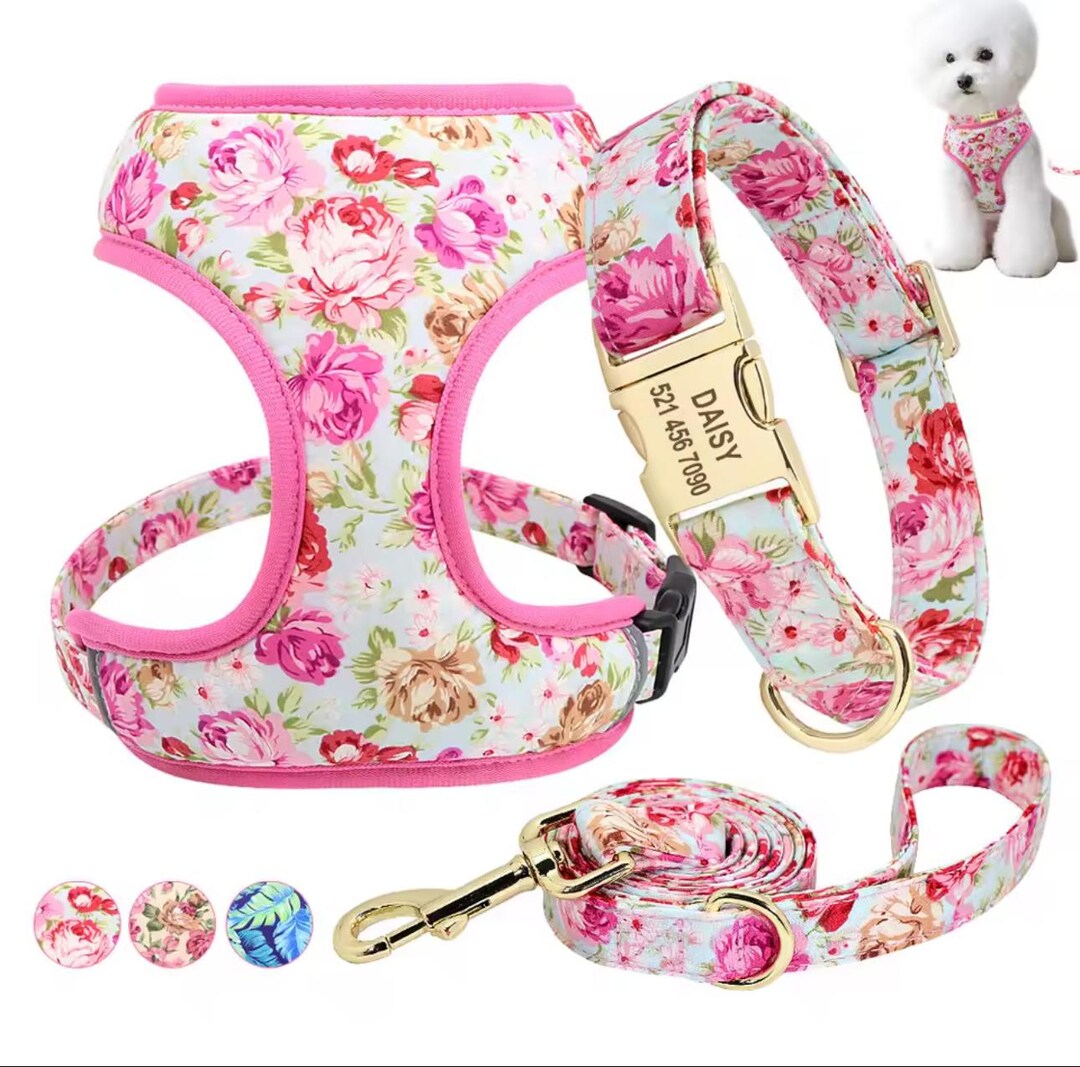 Personalized Floral Dog Harness Collar Leash Set | Custom Name & Number ...