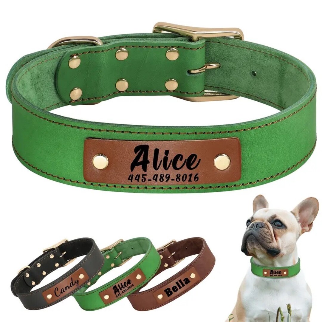 Personalized Genuine Leather Dog ID Collar | Custom Name & Number Pet ...