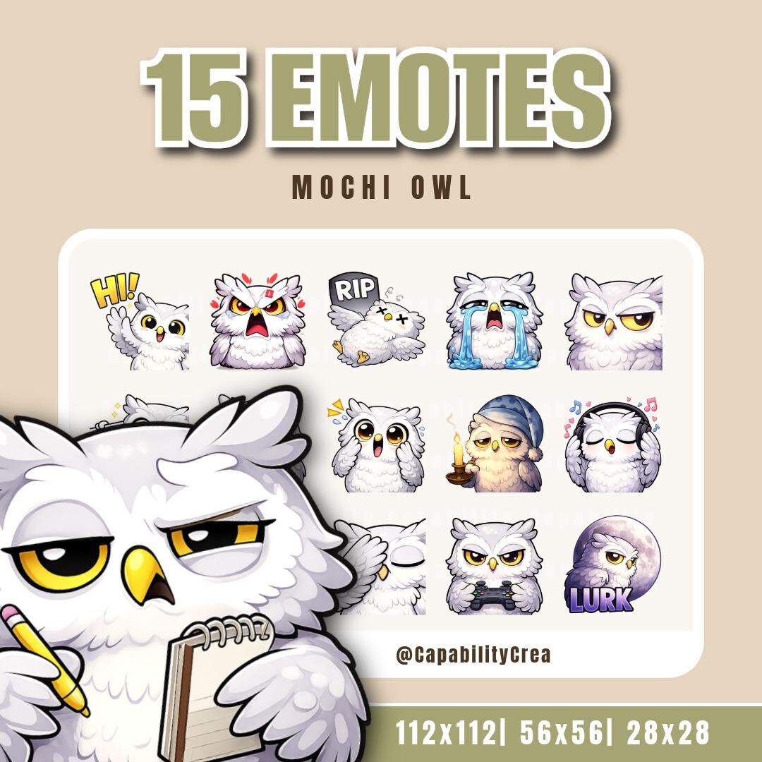 Mochi Owl Twitch Emotes Pack (15 Emotes) – Cute Emotes, Cartoon Emotes ...