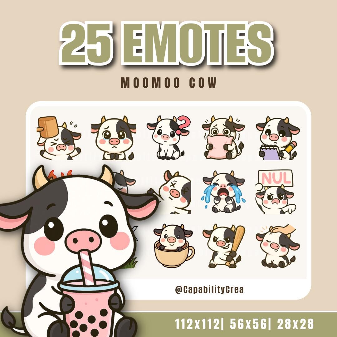 25 Moomoo Cow Emotes Pack – Cute Cow Twitch Emotes PNG, Kawaii Streamer ...