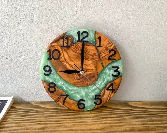 Olive Wood Epoxy Clock | 8" Wood and Epoxy Desk Clock | Reclaimed Wood ...