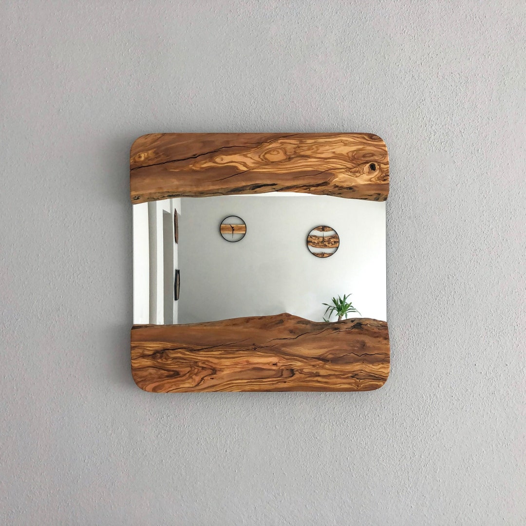 Olive Wood Square Wall Mirror, Live Edge Wood Wall Mirror, Wood Frame ...