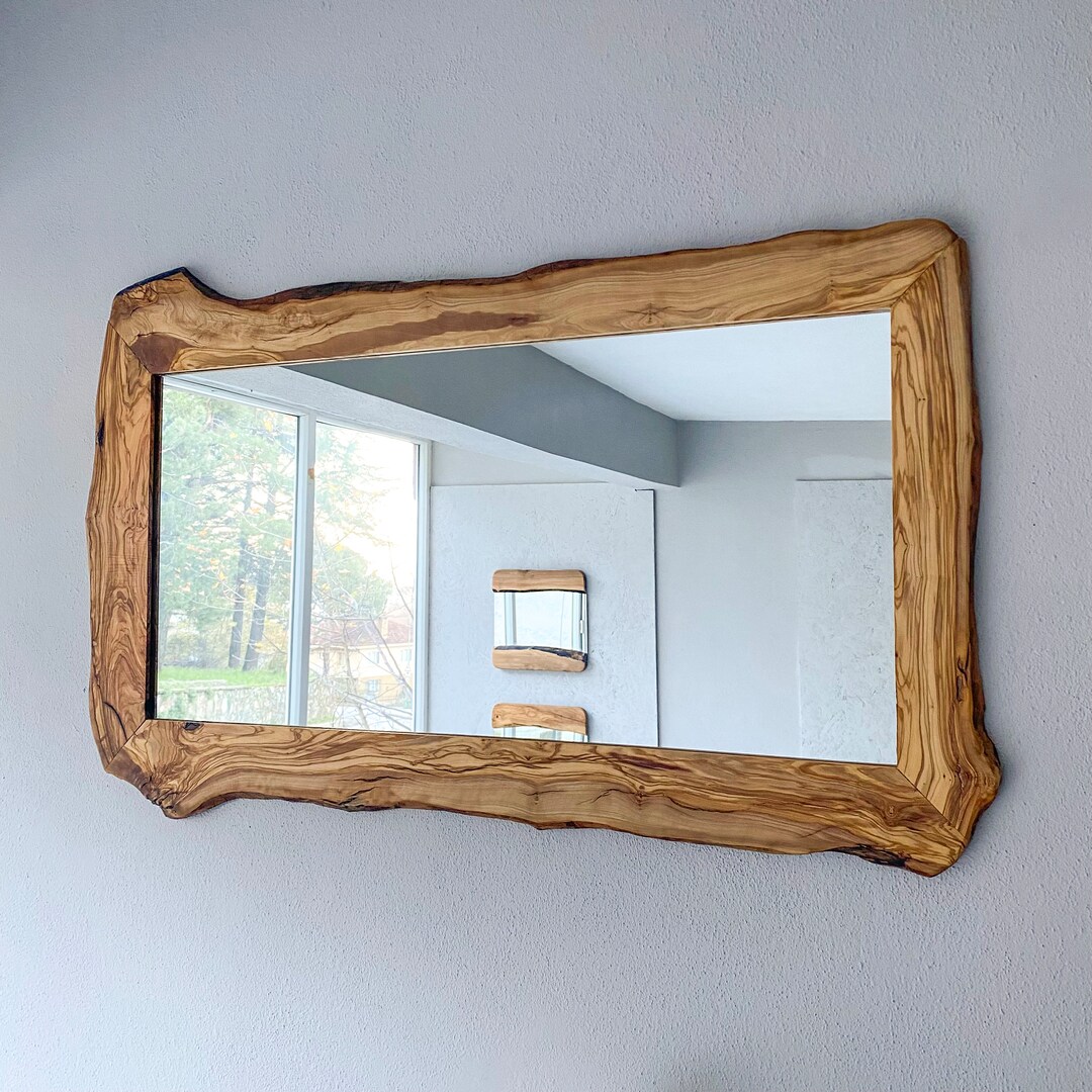 Live Edge Rectangular Olive Wood Framed Wall Mirror, Wooden Live Edge ...