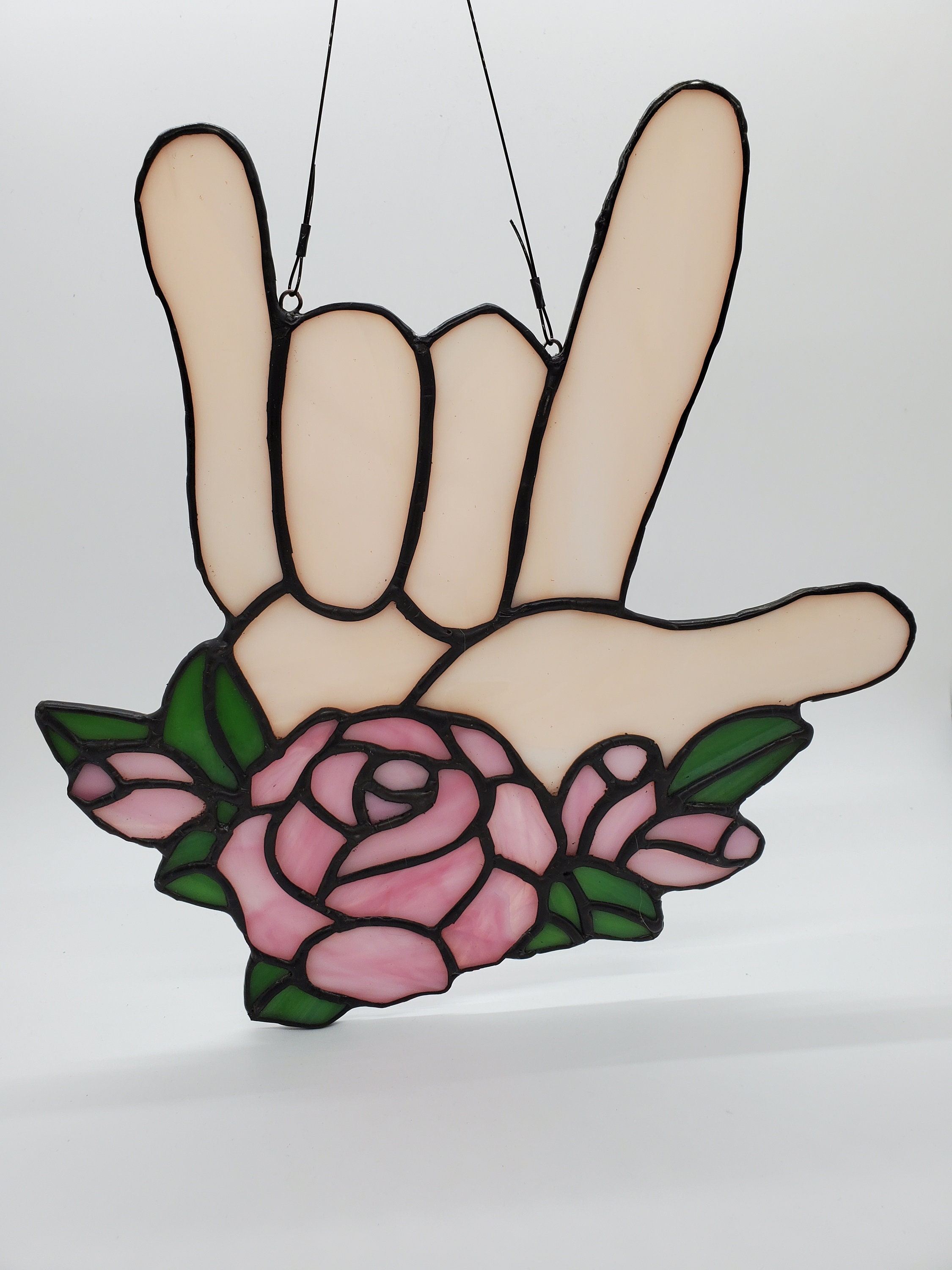 ASL 'I Love You' Sign With Pink Rose Stained Glass Window Hanging - Etsy
