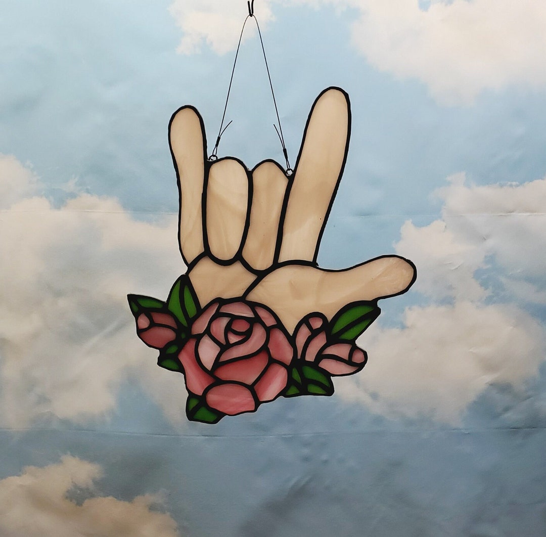 Stained Glass Asl I Love You, Deaf Artist, Ily Asl, Asl Gift, Pink Rose ...