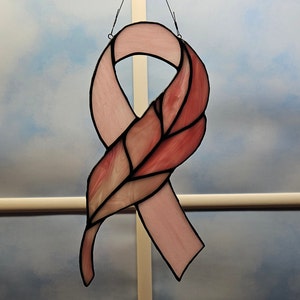 Handmade Stained Glass, Pink Feather Ribbon, Breast Cancer, Deaf Artist ...