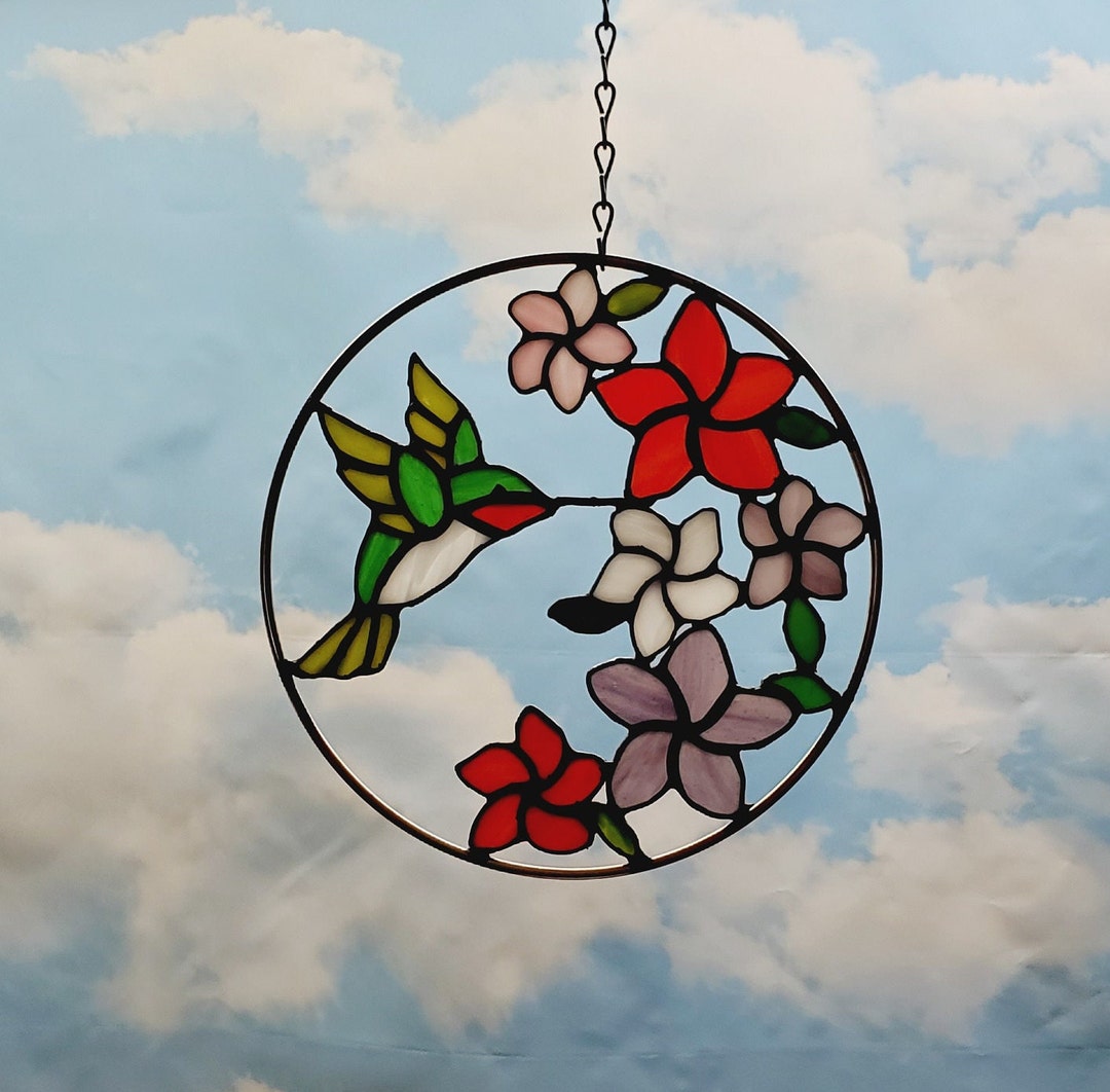 Hummingbird Stained Glass, Stained Glass Hoop, Window Hanging, Flower ...