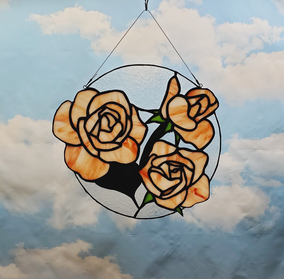 Stained Glass, Roses, Flowers, Orange, Gift for Her, Window Decor ...