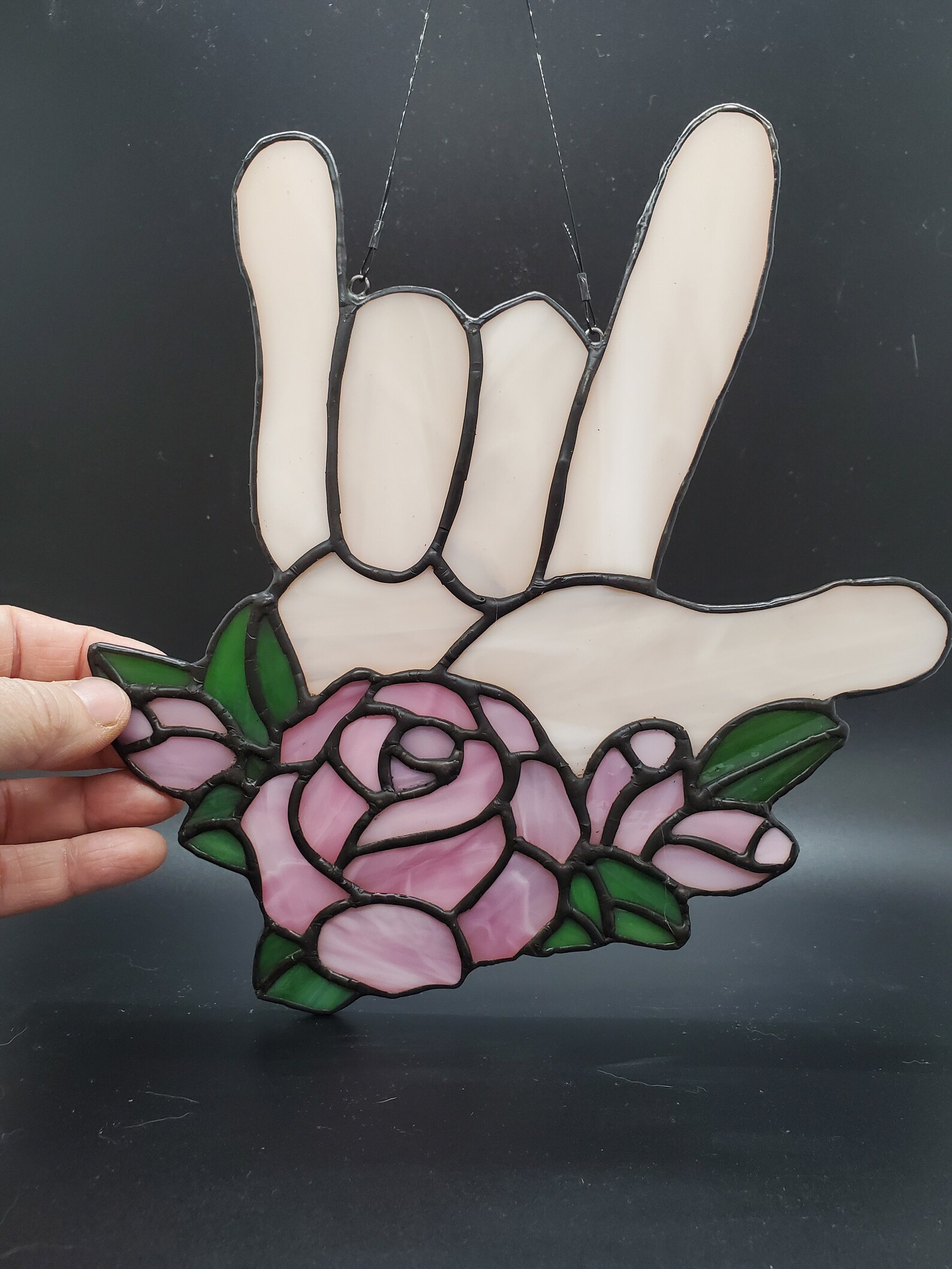 Stained Glass Asl I Love You, Deaf Artist, Ily Asl, Asl Gift, Pink Rose ...