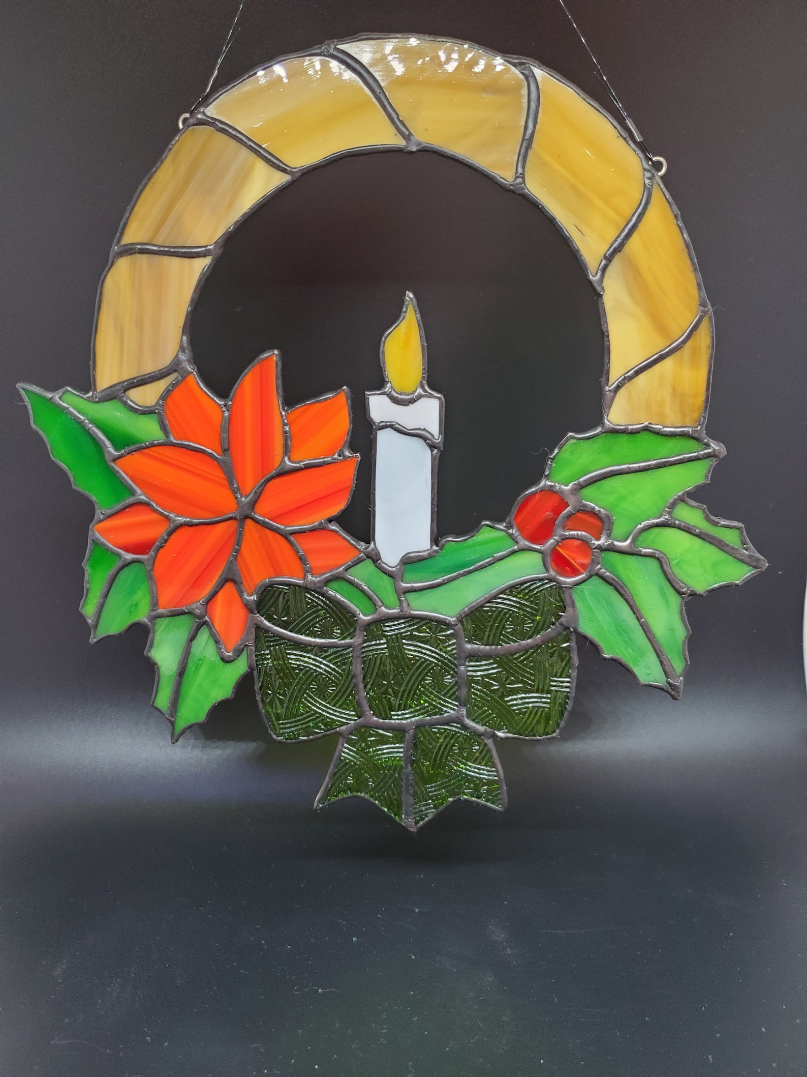 Stained Glass Christmas Wreath, Stained Glass Candle, Wreath With ...