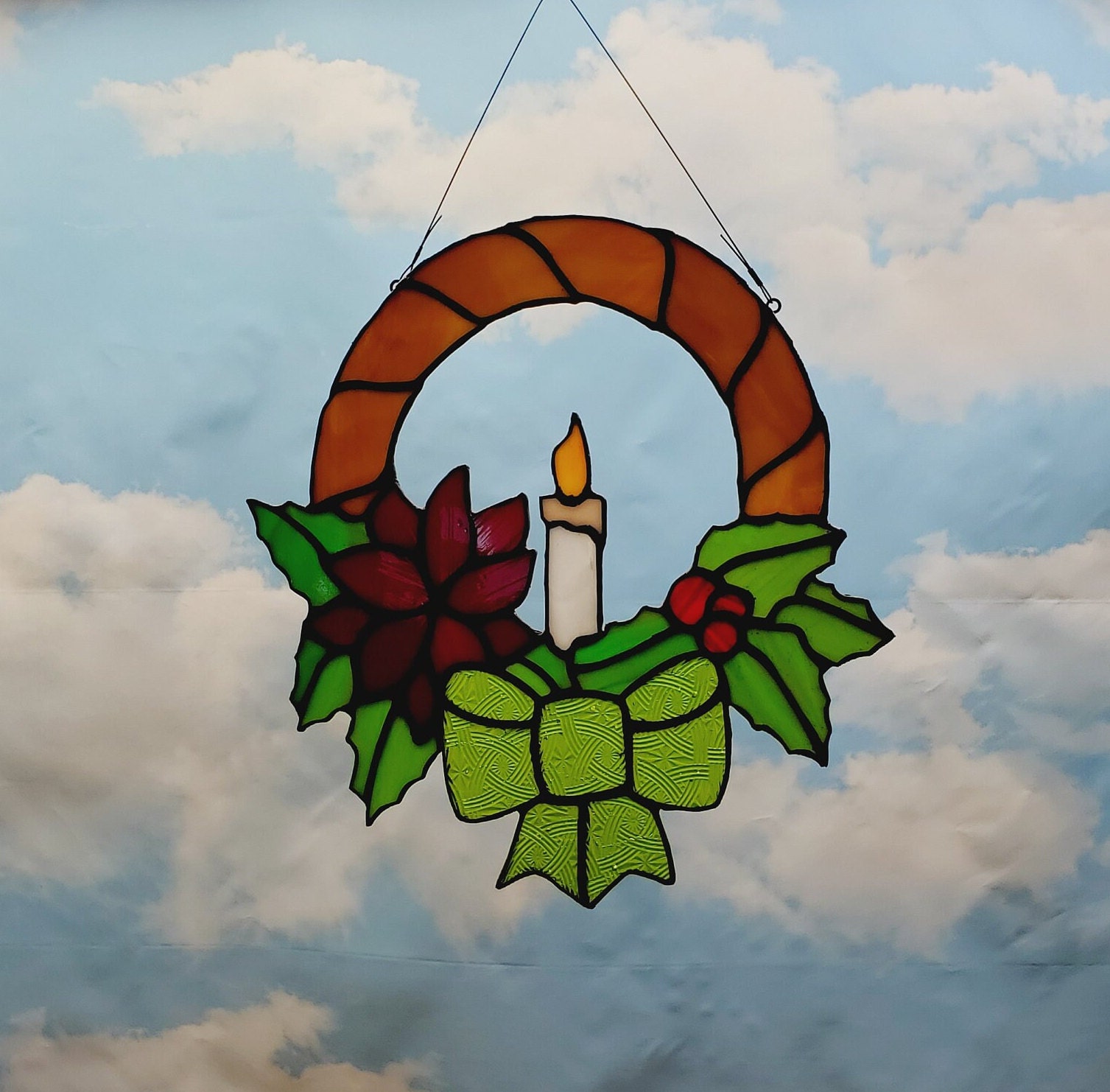 Stained Glass Christmas Wreath, Stained Glass Candle, Wreath With ...