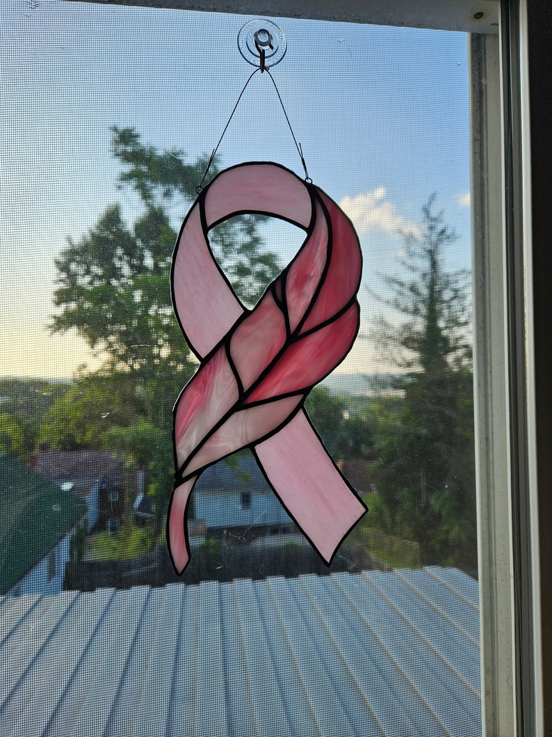 Handmade Stained Glass, Pink Feather Ribbon, Breast Cancer, Deaf Artist ...