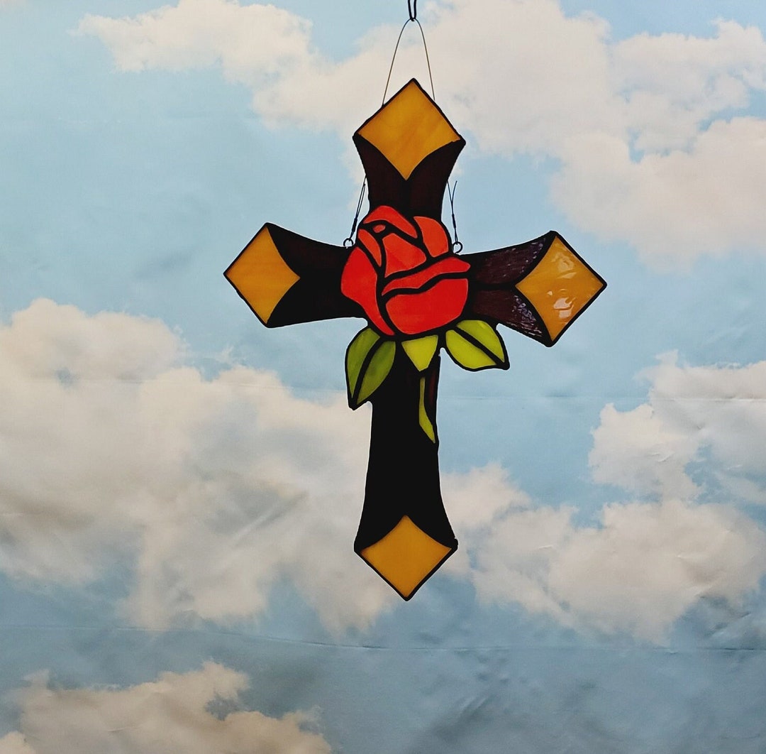 Stained Glass Cross, Cross With Rose, Gift of Love, Gift for Her, Gift ...