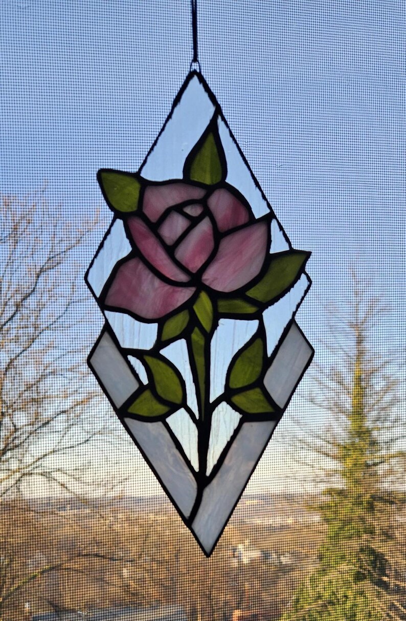 Handmade Stained Glass Rose Diamond, Deaf Artist, Gift for Flower ...