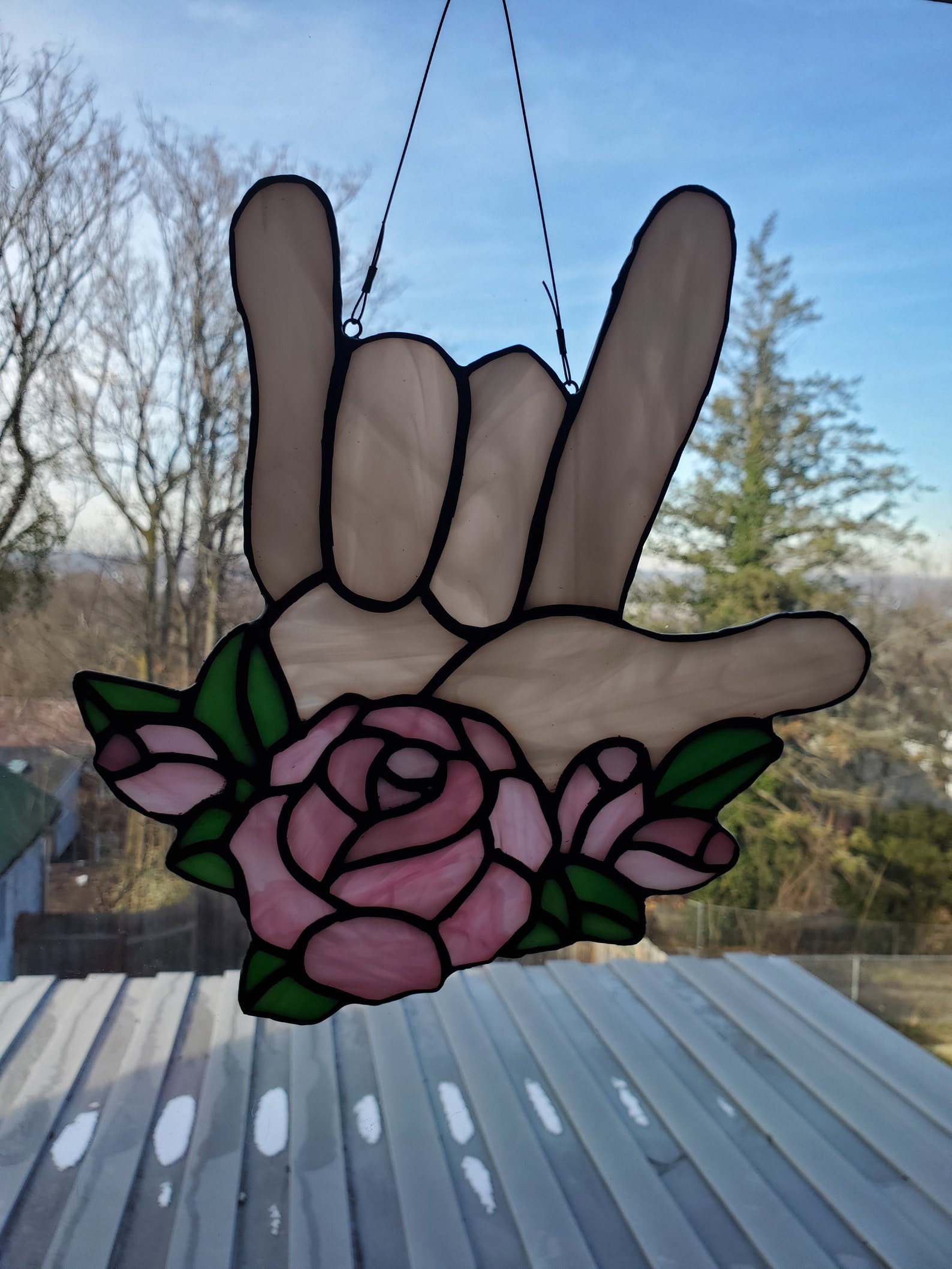 ASL 'I Love You' Sign With Pink Rose Stained Glass Window Hanging - Etsy