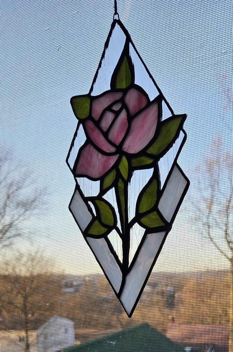 Rose Stained Glass Suncatcher, Double Diamond Window Decor - Etsy