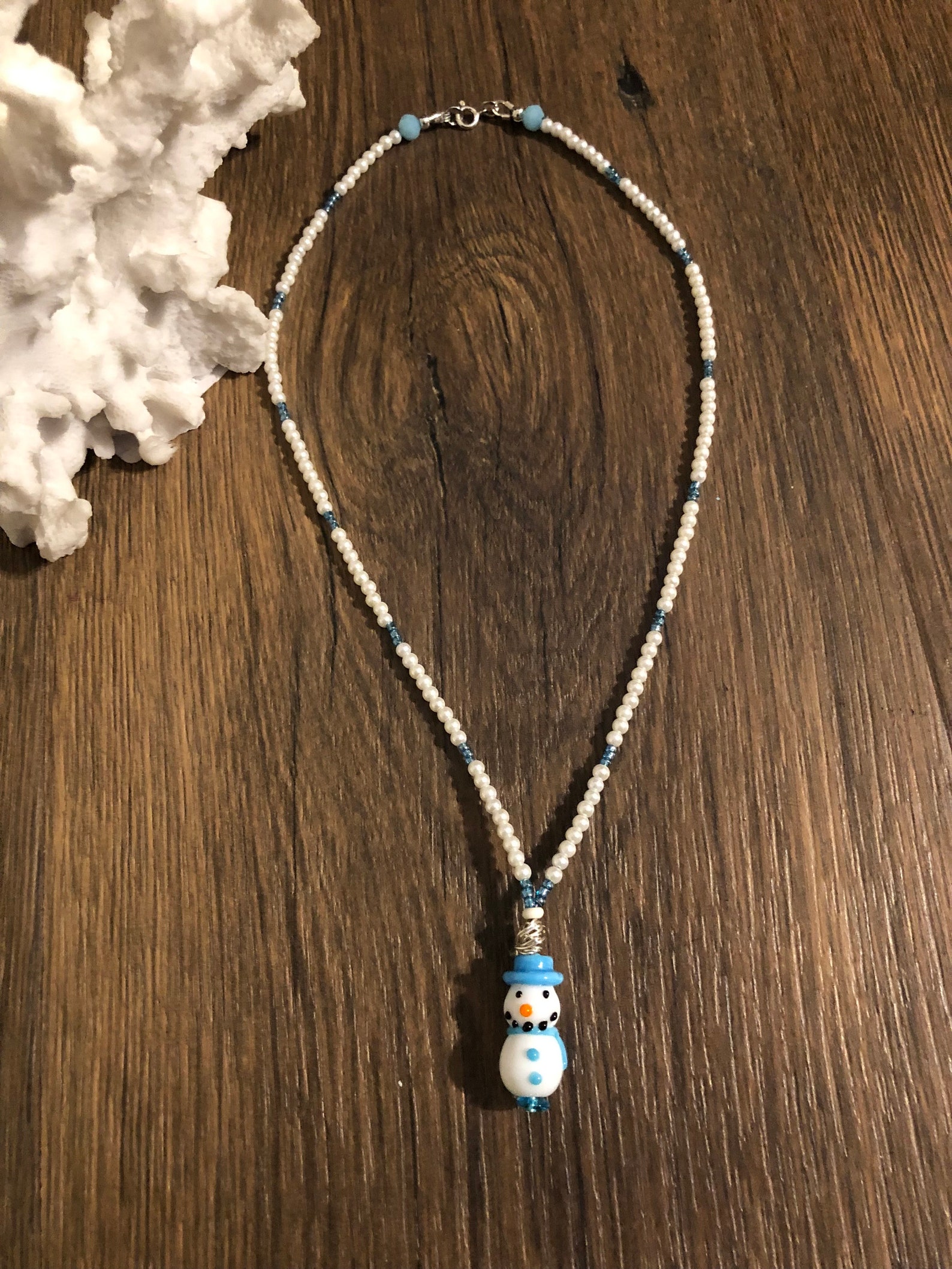Necklace, Girls Christmas Necklace/glass Pearls/blue White Snowman With ...