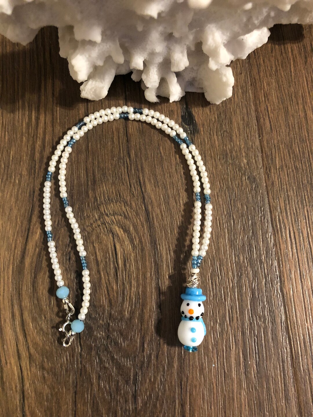Necklace, Girls Christmas Necklace/glass Pearls/blue White Snowman With ...